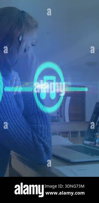 Animation of wifi, music, phone icons forming flowchart, caucasian ...
