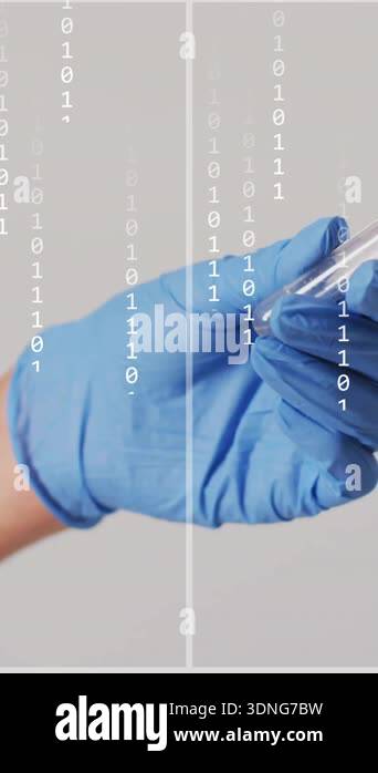 Gloved hand holding test tube over binary code animation. Science ...
