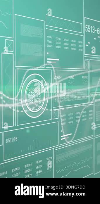 Digital data and graphs with glowing wave animation on green background ...