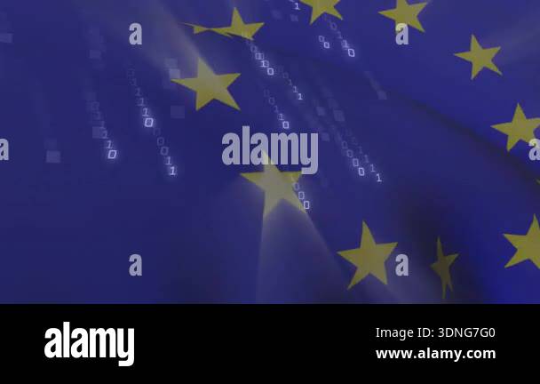 Upon close-up animated EU flag undulating while white binary digits ...