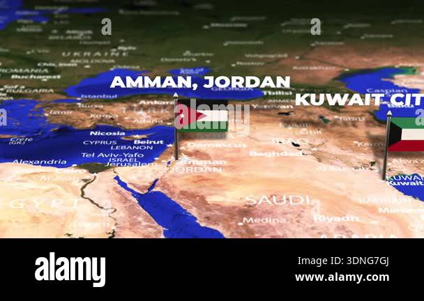 Flight From Amman JORDAN to Kuwait City KUWAIT with flag pins Stock ...