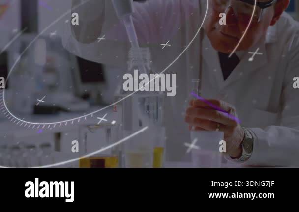Scientist in lab picking micropipette as HUD appears, drawing liquid ...