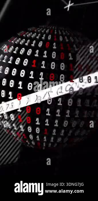 Binary code sphere and data processing animation over black background ...