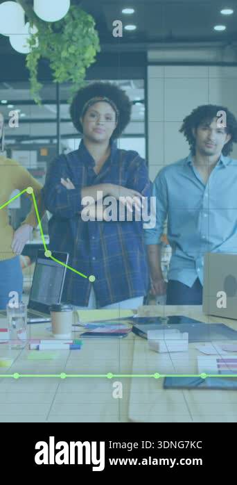 Animation of green line, financial data processing over diverse ...