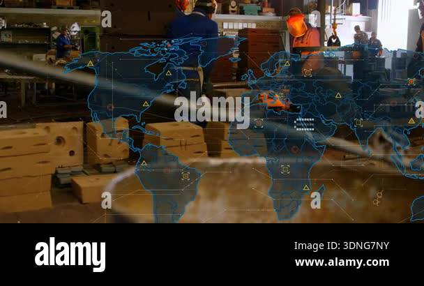 Factory workers welding metal rod to shape part as fading map overlay ...