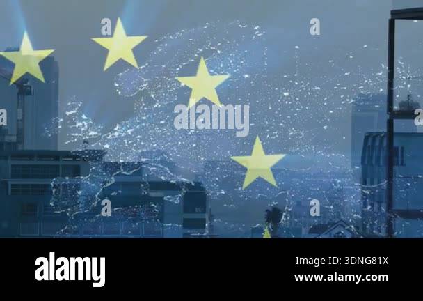 Digital Europe map overlay appearing over skyline, EU stars rotating ...