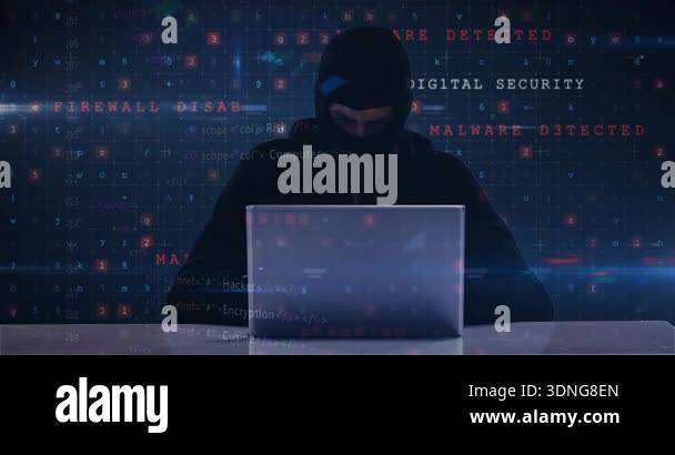 Hooded hacker initiating breach by typing on laptop while animated code ...