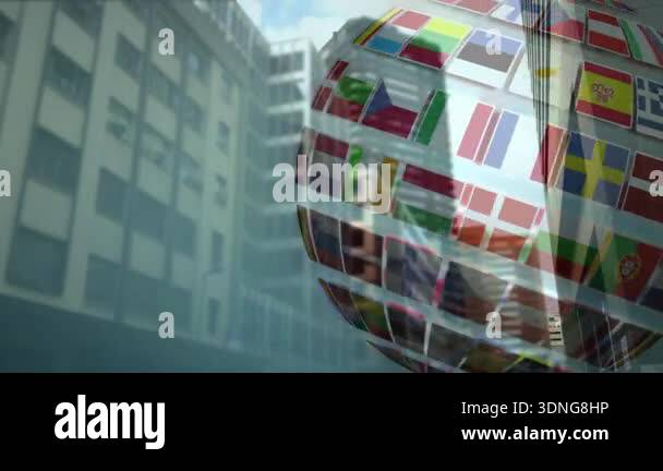 Sphere fading in initiating rotation, revealing shifting national flags ...