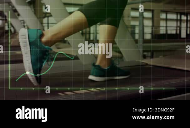 Exerciser stepping onto treadmill belt overlaying grid and graphs ...