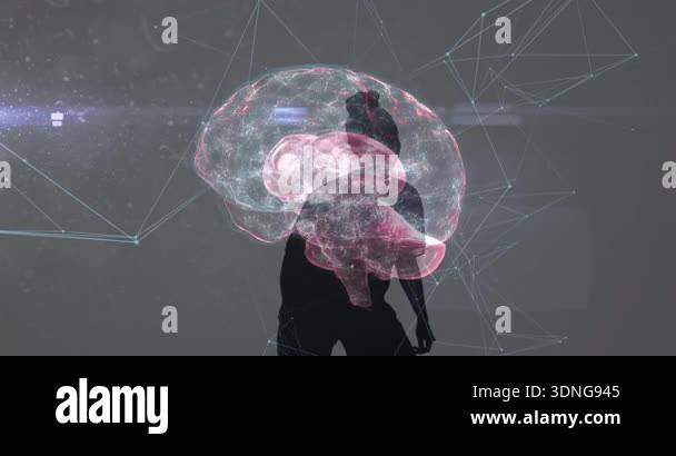 Woman standing as brain projection fading in and rotating with pulsing ...