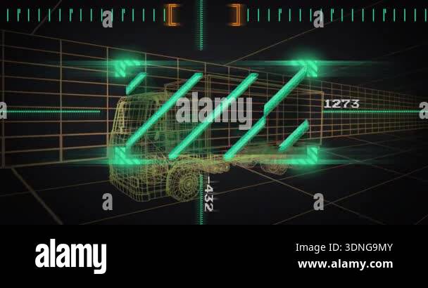Grid starting scan, wireframe truck receiving neon-green bars sliding ...