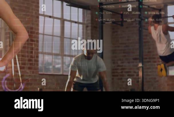 Camera panning showing woman gripping barbell while partner pulling on ...