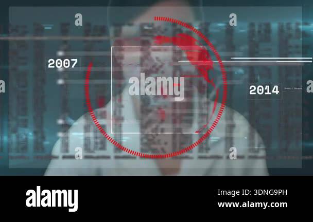 Researcher tapping hologram causing globe pulsing and timeline shifting ...