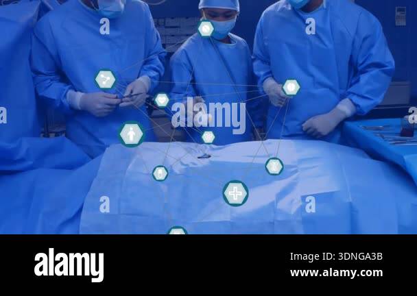 Medical team prepping incision area incising with scalpel and suturing ...