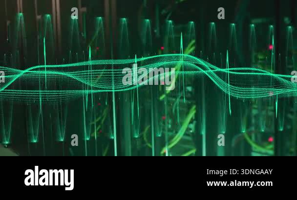 Upon receiving data, server rack showing green waveform sweeping and ...