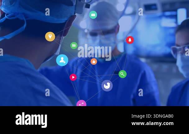 Surgeons consulting in OR while animated icons fading in and forming ...