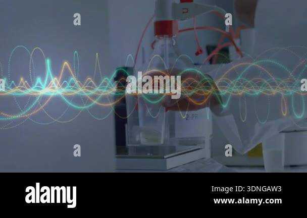 Researcher's hands gripping tubing in lab with animated waves ...