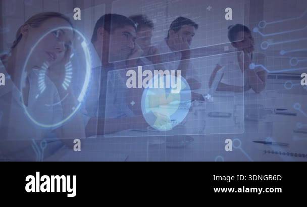 Team viewing loading graphic pulsing, pie-chart rotating, code ...