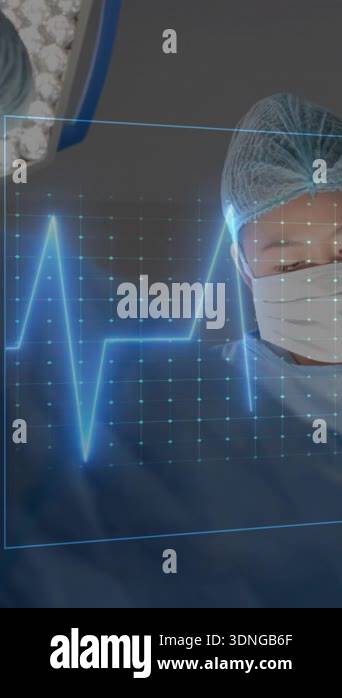 Surgeons performing operation with heart rate animation over medical ...