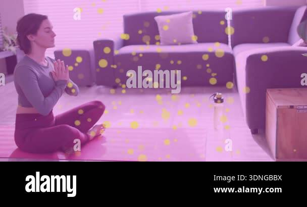 Woman entering room and unrolling yoga mat while displaying animated ...