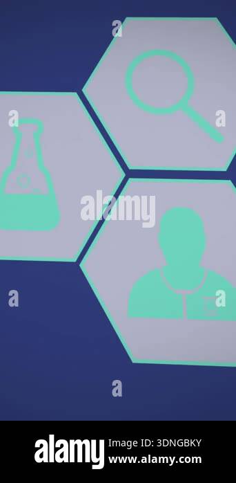 Animation of multiple medical icons floating against blue background ...