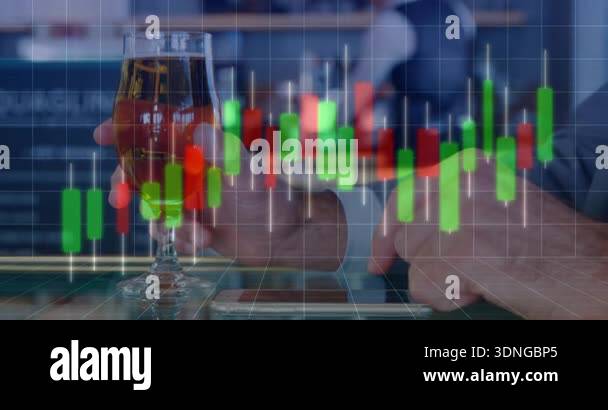 Man tapping smartphone and activating candlestick chart as lifting beer ...