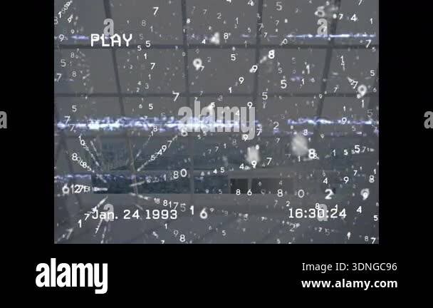 PLAY icon flashing and numeric particles glitching regrouping in flat ...