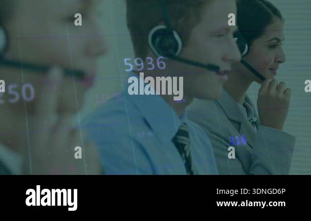 Three-person call center team adjusting headset and initiating call ...