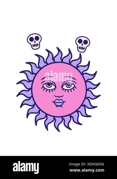 spinning skulls animation of iconic tattoo image of a sun with face ...