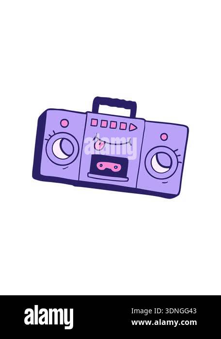 attention grabbing animation of cartoon retro cassette tape player ...