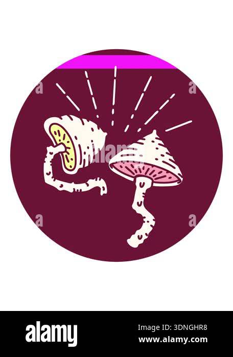 power up animation of icon of a tattoo style mushrooms in bright glow ...
