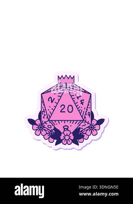 stretching up animation of sticker of a natural 20 D20 dice roll with ...