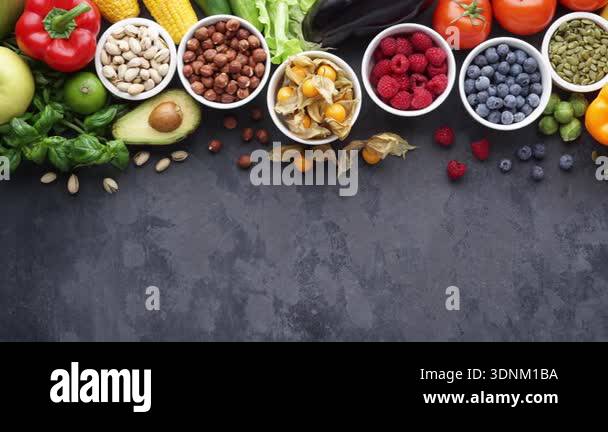 Healthy eating ingredients: fresh vegetables, fruits and superfood ...
