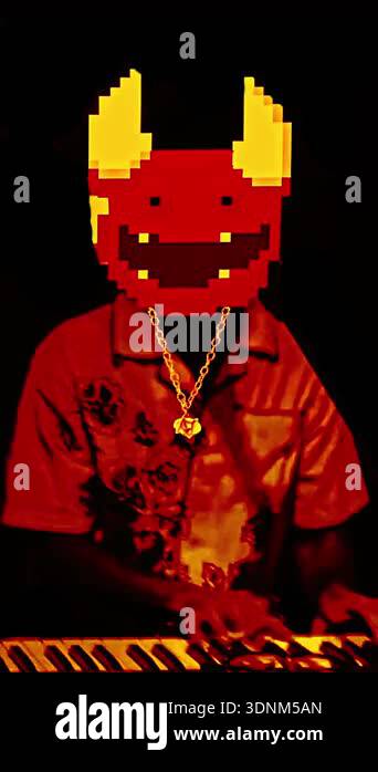 Looped animated video of a pixelated red devil-like character with ...