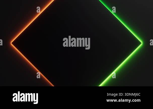 Green orange neon light is moving around black rhombus frame on dark ...