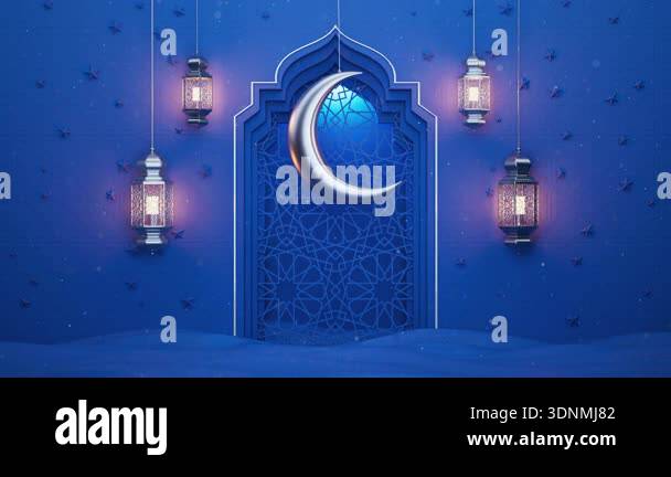 Blue Islamic interior with ornate window, hanging silver moon and ...