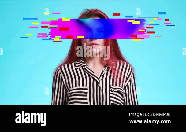 Ad template. Angry woman with crossed arms and glitch distortion over ...