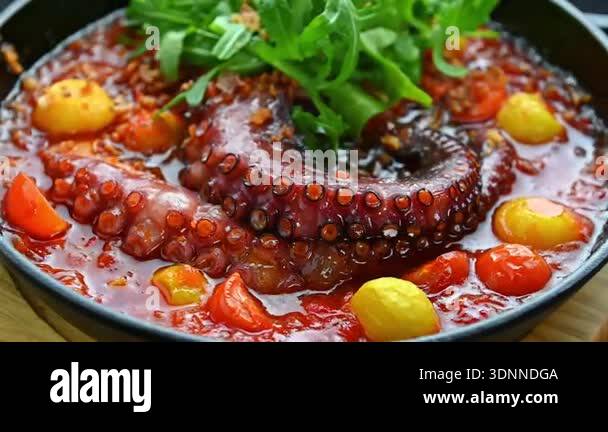 Seafood dish with octopus and vegetables prepared in a black pan ...
