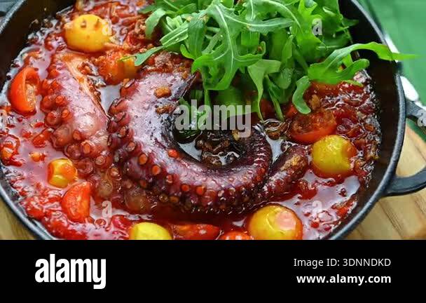 Octopus dish is served in a pot with vegetables and sauce for dinner ...