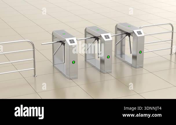 Row of three electronic turnstiles on tiled floor in a public transport ...