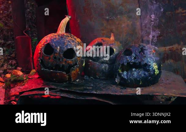 scary as from horror movies, orange Halloween pumpkins in molten hot ...