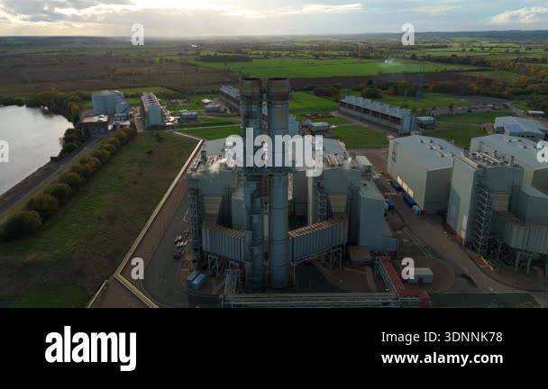 Sweeping aerial drone view of Staythorpe Power Station, a major CCGT ...