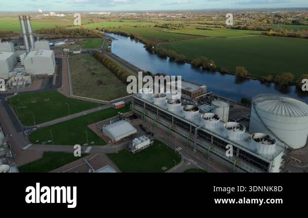 Sweeping aerial drone view of Staythorpe Power Station, a major CCGT ...