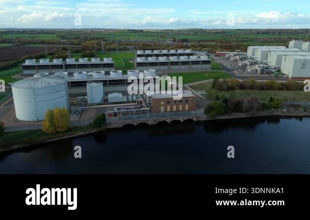 Sweeping aerial drone view of Staythorpe Power Station, a major CCGT ...