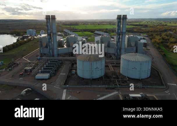 Sweeping aerial drone view of Staythorpe Power Station, a major CCGT ...