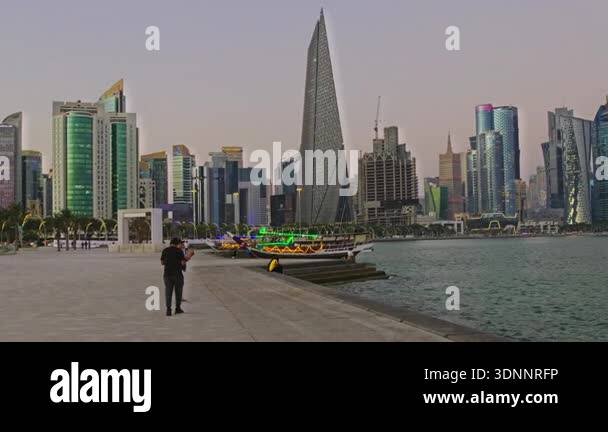 Doha, Qatar-October 26 2025:Doha Qatar skyline from corniche promenade ...