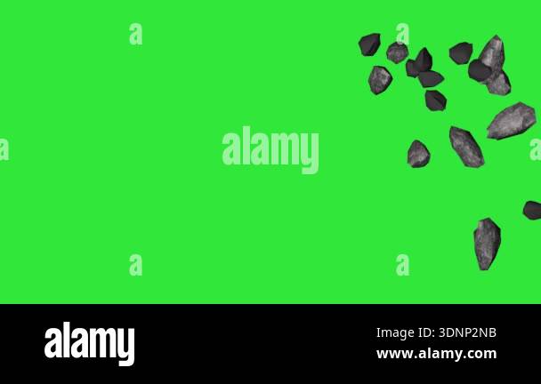 Asteroid meteorites flying and spinning on a green screen . Realistic ...