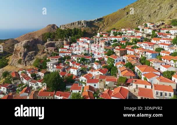 Aerial view of Chora on Samothraki island, Greece, the traditional ...