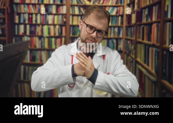Man doctor in white coat with stethoscope crossing hands in a stopping ...