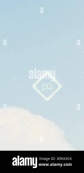Floating animation of digital 6G symbols in blue sky with clouds ...